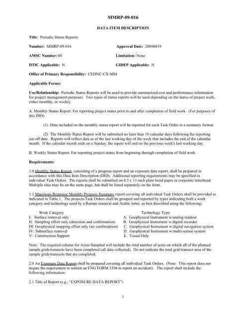 MMRP-09-016-Periodic Status Reports - Munitions Response Partners