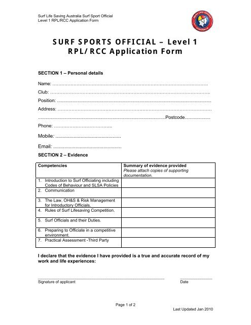 Level 1 Official RPL Form - Surf Life Saving Queensland