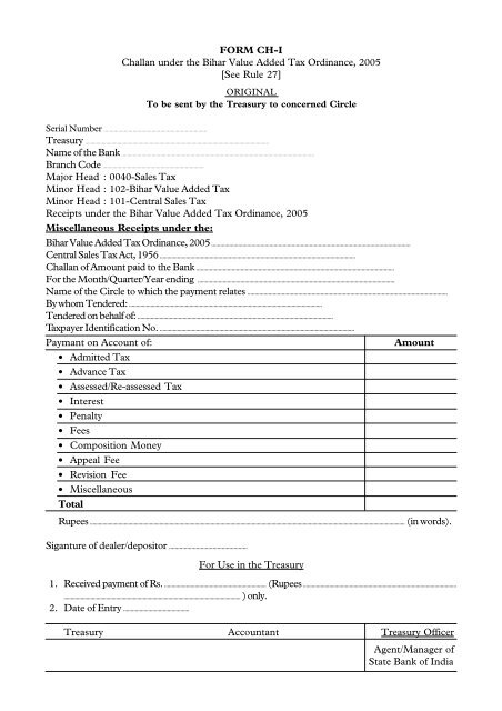 FORM CH-I Challan under the Bihar Value Added Tax Ordinance ...