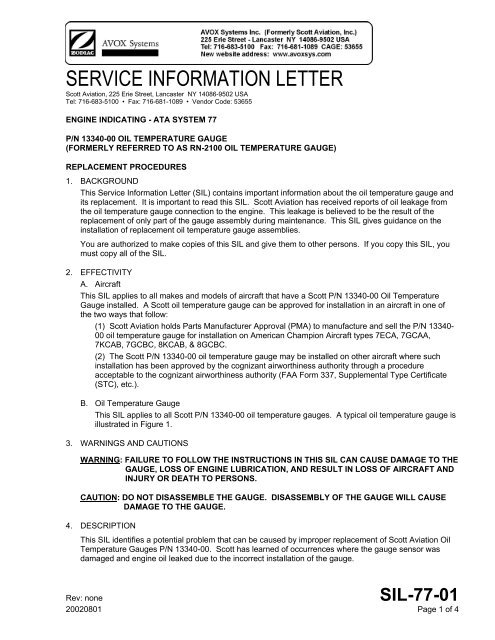 SERVICE INFORMATION LETTER - AVOX Systems, Inc.