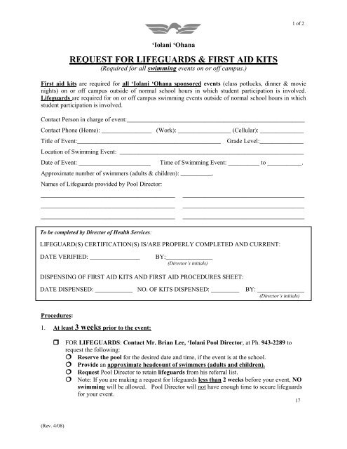 REQUEST FOR FIRST AID KIT - Iolani School