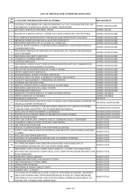 list of services for vendor registration
