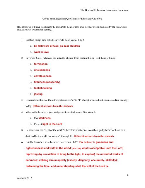 Key to Discussion Questions for Ephesians Chapter 5 Key to Discussion Questions for Ephesians Chapter 5