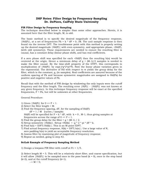 DSP Notes: Filter Design by Frequency Sampling Dr. DePiero ...