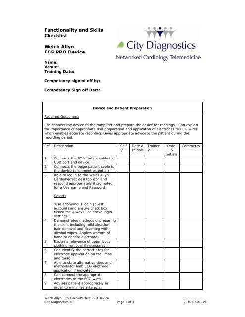 Functionality and Skills Checklist Welch Allyn ECG PRO Device
