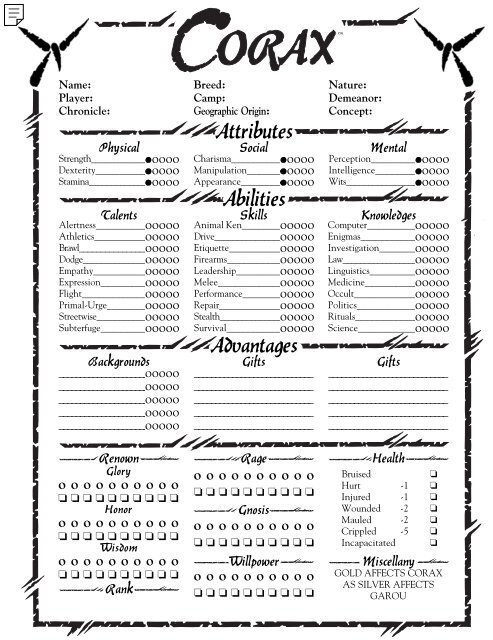 Corax Character Sheet PDF - Manhattan By Night