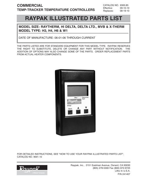 RAYPAK ILLUSTRATED PARTS LIST