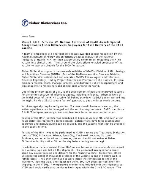 FBS Awarded Special Recognition in H1N1 Effort - Fisher BioServices