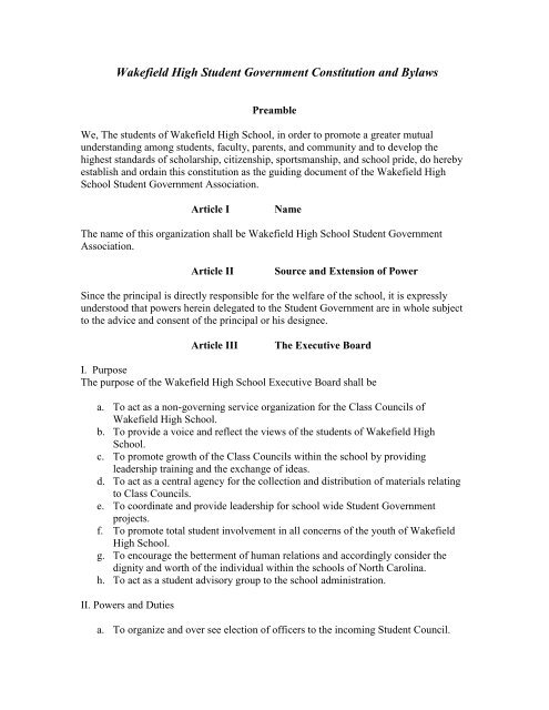 Wakefield High Student Government Constitution and Bylaws
