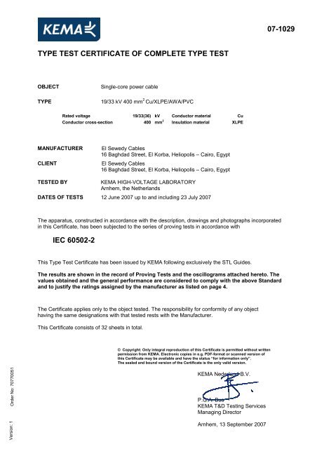 07-1029 TYPE TEST CERTIFICATE OF ... - Elsewedy Cables