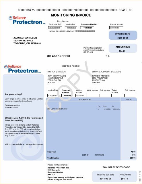 MONITORING INVOICE - Protectron Security Systems