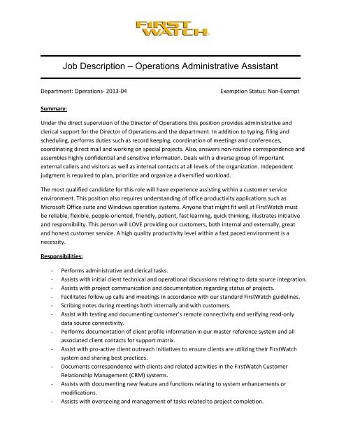 Job Description â Operations Administrative Assistant - First Watch