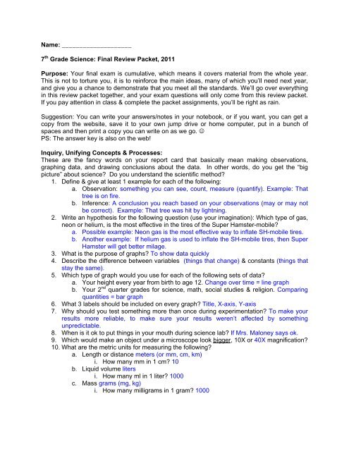 7th Grade Science: Final Review Packet, 2011 Purpose