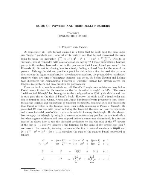 Fermat and pascal - San Jose Math Circle