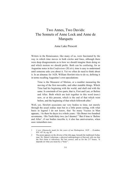 Two Annes, Two Davids: The Sonnets of Anne Lock and Anne de ...