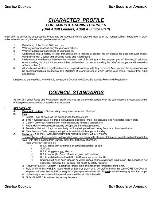 Camp Morrison Staff Application and Standards - Ore-Ida Council