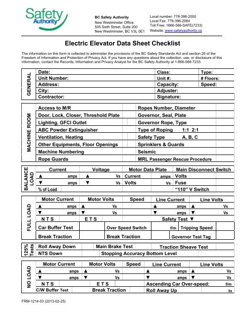 Electric Elevator Data Sheet Checklist Form 1214 - BC Safety Authority