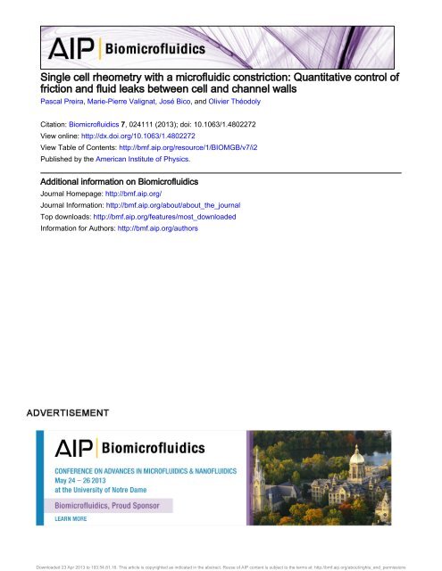 Single cell rheometry with a microfluidic constriction ... - Espci