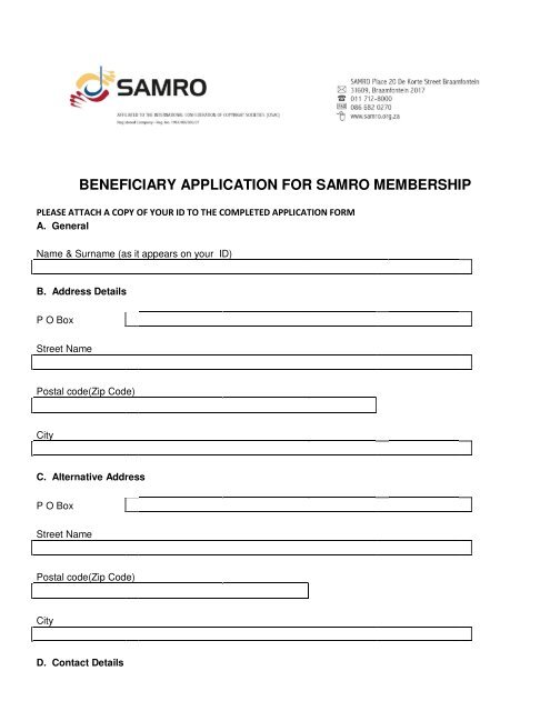 BENEFICIARY APPLICATION FOR SAMRO MEMBERSHIP