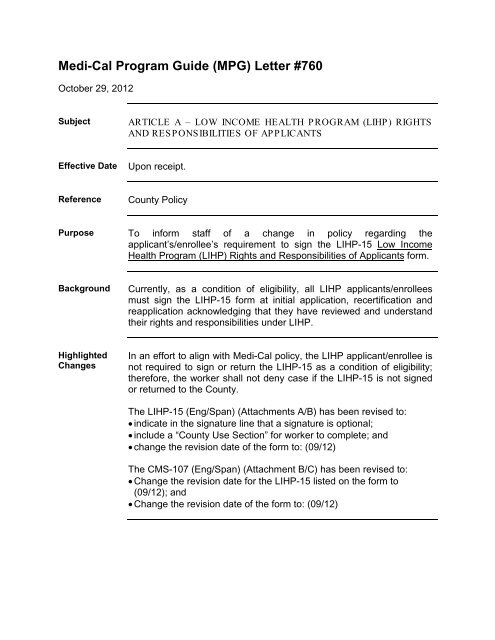 Medi-Cal Program Guide (MPG) Letter #760 - HHSA Program Guides