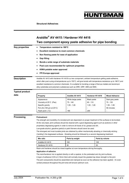 AralditeÂ® AV 4415 / Hardener HV 4416 Two component epoxy ...
