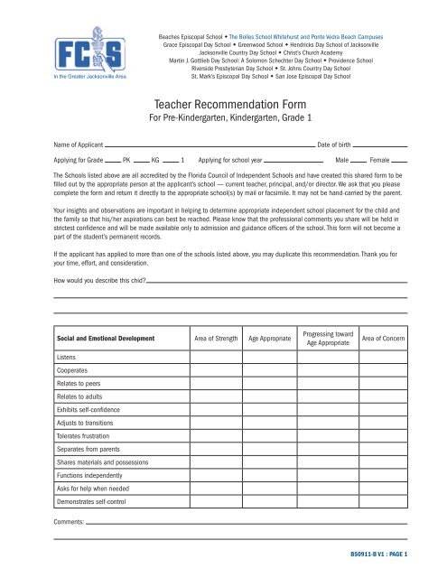 Teacher Recommendation Form - Bolles School