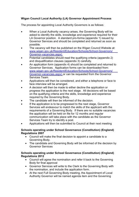 Governor appointment process - Wigan Council