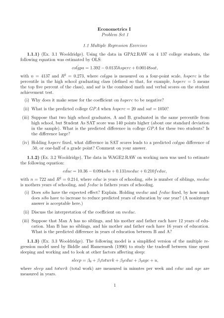 Econometrics I Problem Set 1 1.1 Multiple Regression Exercises 1.1 ...
