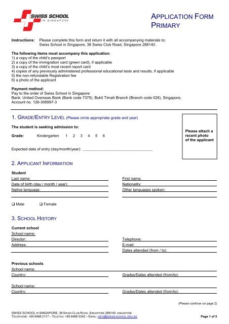 APPLICATION FORM PRIMARY - Swiss School Singapore