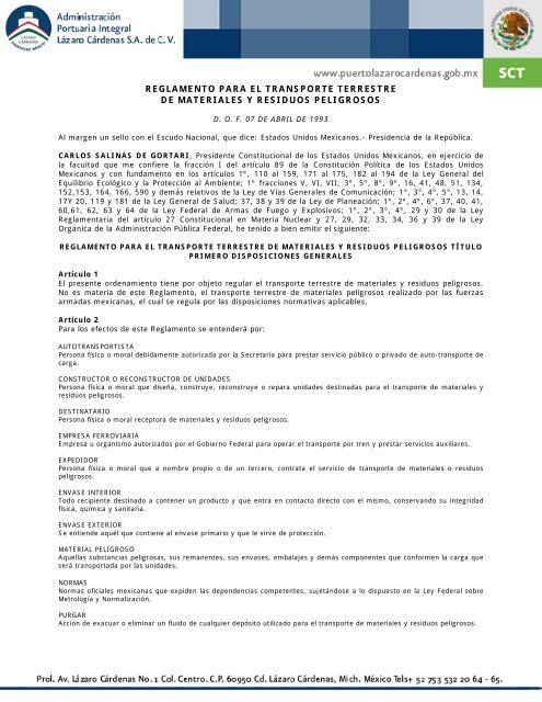 reglamento para el transporte terrestre de materiales y residuos ...