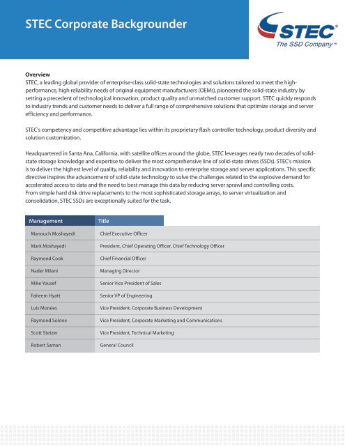 STEC Corporate Backgrounder - sTec, Inc