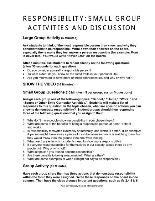RESPONSIBILITY SMALL GROUP ACTIVITIES AND DISCUSSION