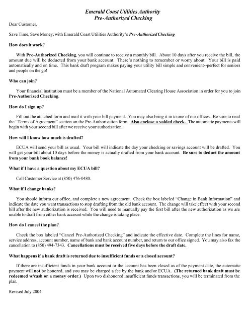 Pre-Authorized Checking Form is available in PDF format.