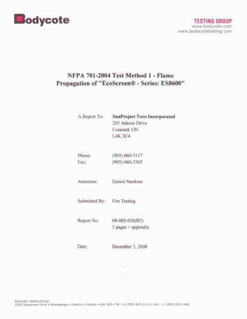 NFPA 701 - 2004 Test Method 1 - Sun Project