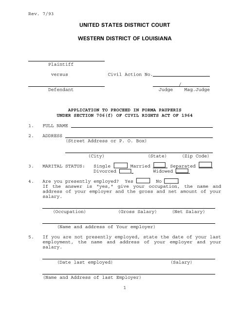 Application to Proceed In Forma Pauperis