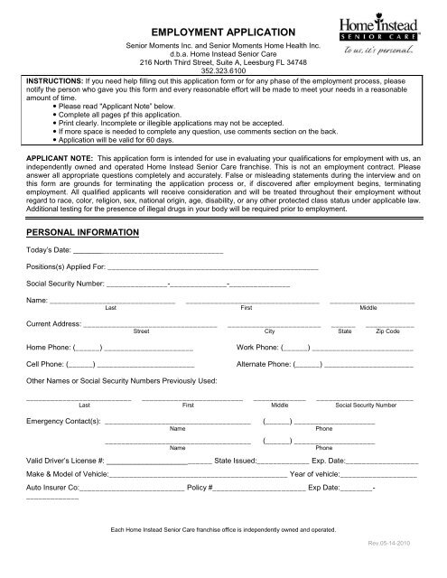 EMPLOYMENT APPLICATION - Home Instead Senior Care