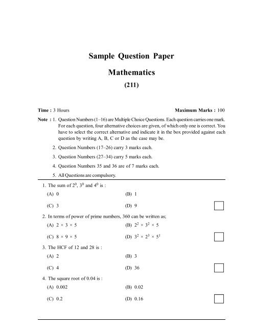 Sample Question Paper Mathematics