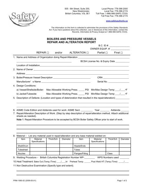 Boiler and Pressure Vessels Repair and Alteration Report Form 1060