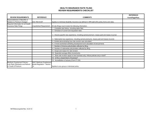 health insurance rate filing review requirements checklist - Arizona ...