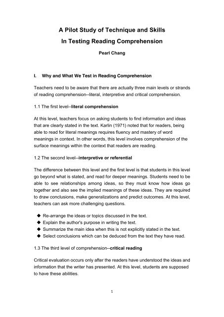 A Pilot Study of Technique and Skills In Testing Reading ...