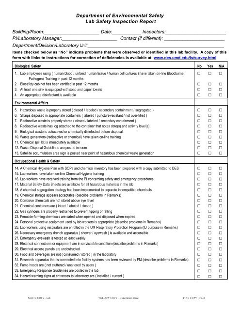 Department of Environmental Safety Lab Safety Inspection Report ...