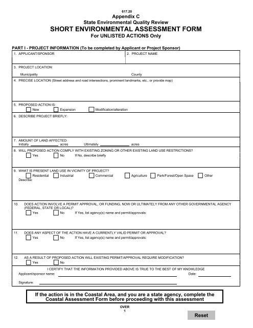 SEQR Short Environmental Assessment Form