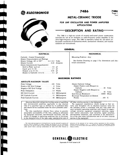GE 7486 ceramic planar tube data - Watkins-Johnson