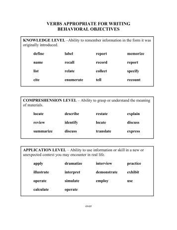 Verbs for Learning Objectives - Many Faces of Community Health ...
