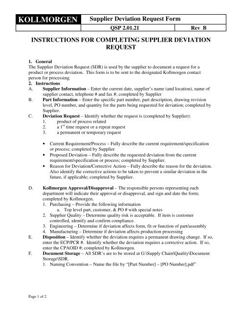 KOLLMORGEN Supplier Deviation Request Form INSTRUCTIONS ...