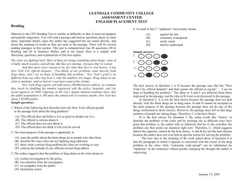 Sample English Placement Test Glendale Community College
