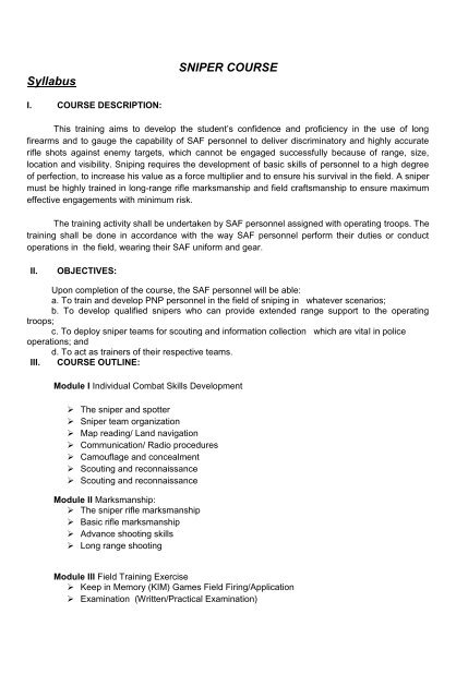 SNIPER COURSE Syllabus - PNP Directorate for Operations