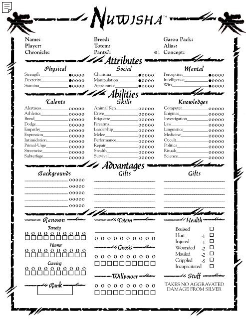 Werewolf The Apocalypse Character Sheet