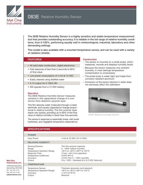 083E Relative Humidity Sensor - Met One Instruments 083E Relative Humidity Sensor - Met One Instruments