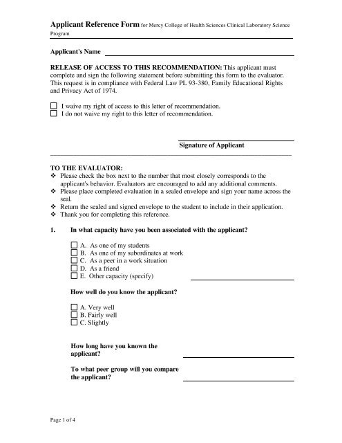 Applicant Reference Form - Mercy College of Health Sciences